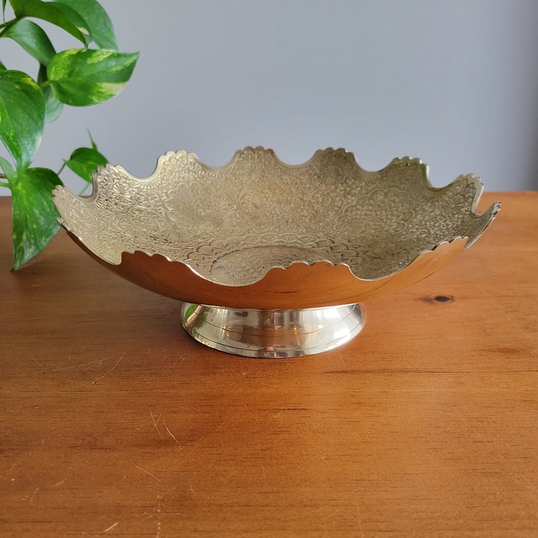 Large Brass Centerpiece Bowl With Pedestal and Peacock Motif: Scalloped ...
