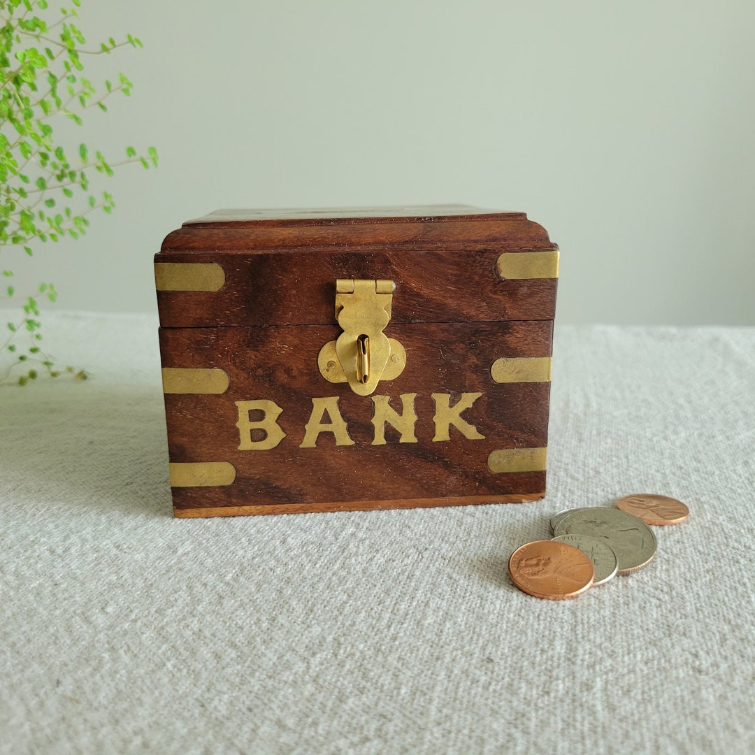 Vintage Brass & Wood Coin Bank: Cube-shaped Lidded Box With Inlaid ...
