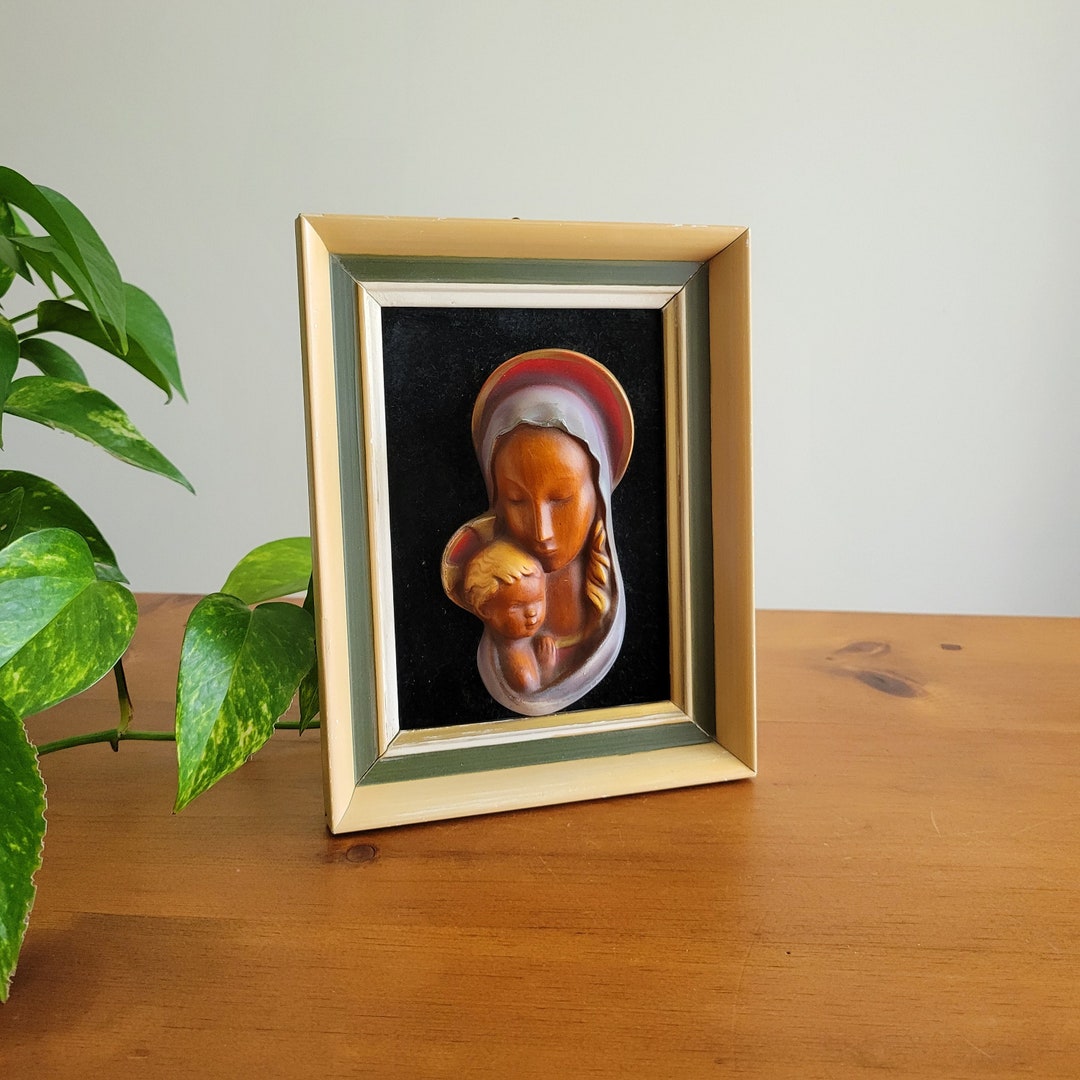 Wall Art: Framed 3-dimensional Madonna and Child on Black Velvet, Mid ...