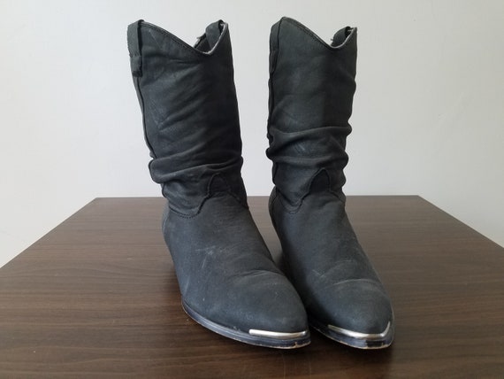 Black Leather Cowboy Cowgirl Boots / Metal Toe Tips /… - Gem