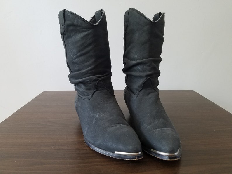 Black Leather Cowboy Cowgirl Boots / Metal Toe Tips / Ankle - Etsy