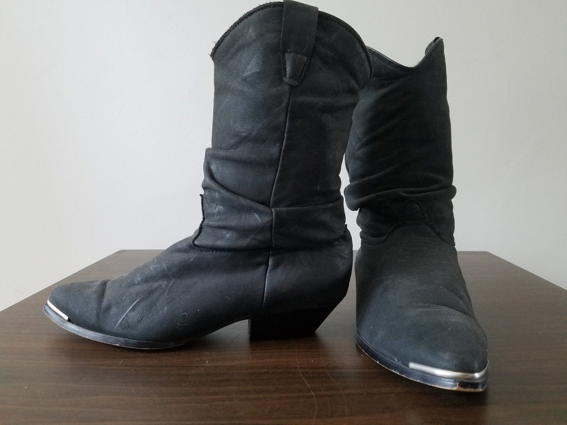 Black Leather Cowboy Cowgirl Boots / Metal Toe Tips / Ankle | Etsy