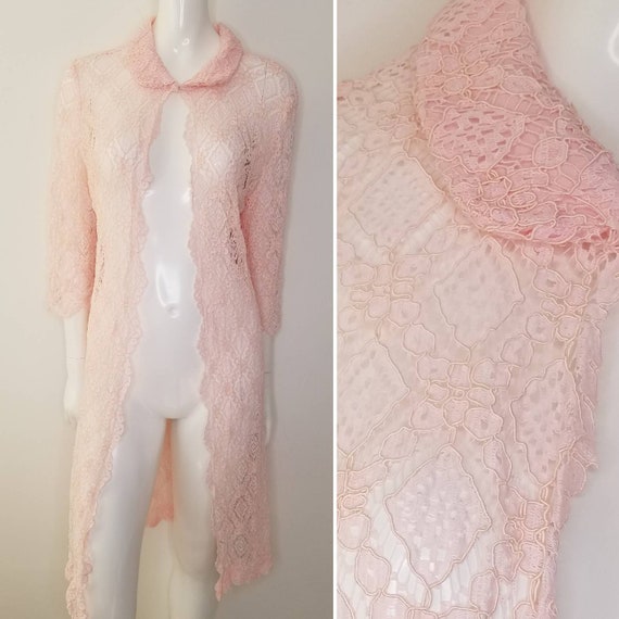 Vintage 1960s Pink Lace Jacket / Duster / Sheer / Pin… - Gem