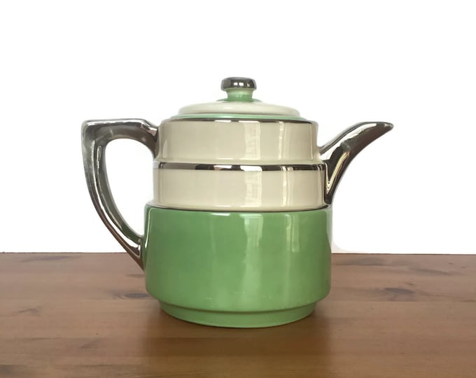 Vintage Fraunfelter Teapot Ceramic Art Deco Tea Server Green and Silver ...
