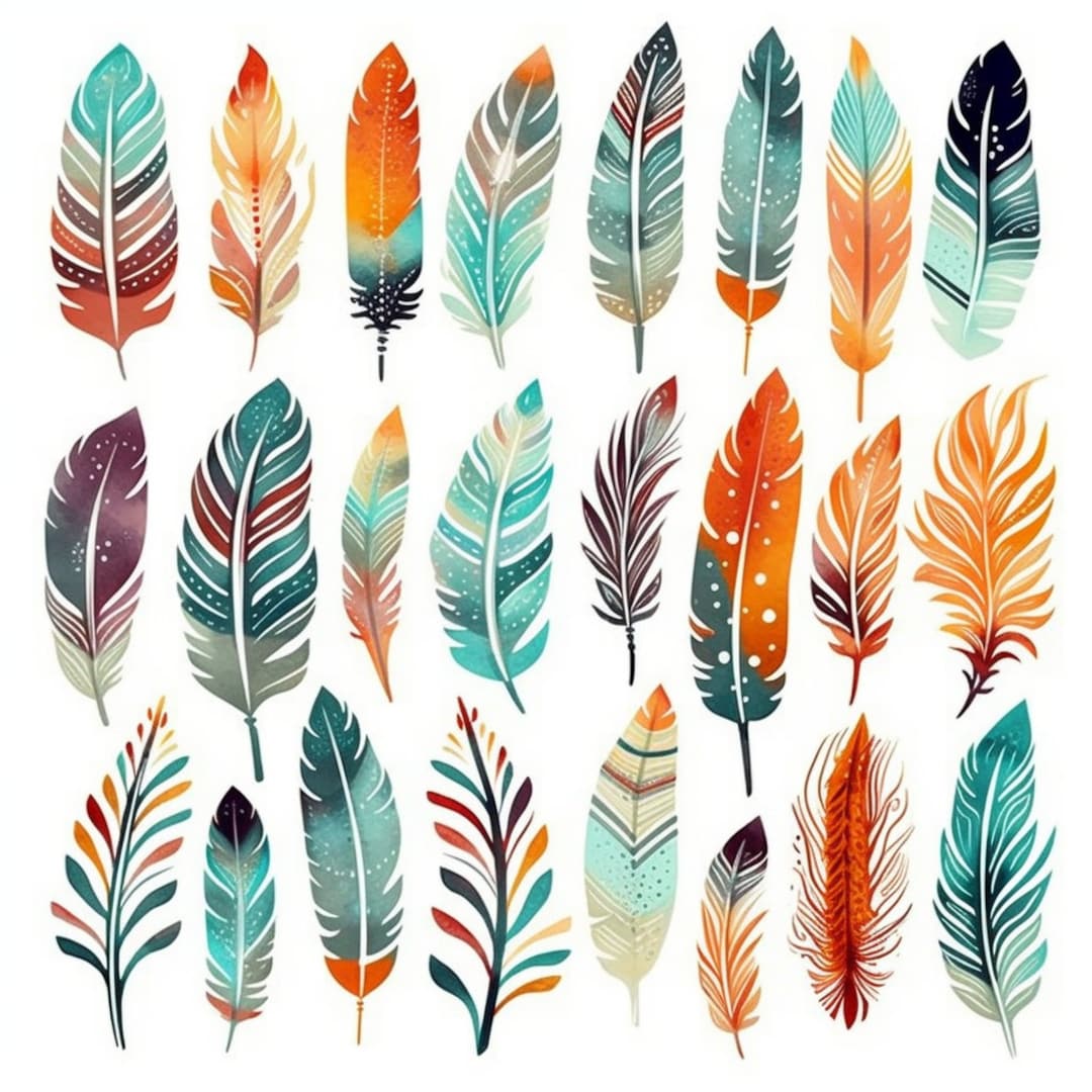 Set of 24 Individual Boho Feathers PNG for Sublimation, DTF, or Print ...
