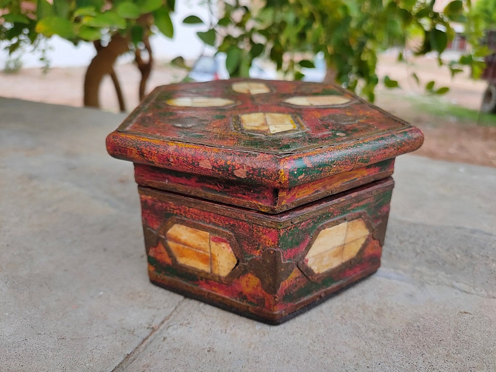 Antique Wooden Storage Box Old Artistic Hand Painted Box Brass - Etsy
