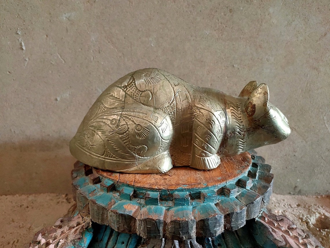 Unique Old Wooden Cat Statue Hand Carved Brass Work Sculpture - Etsy