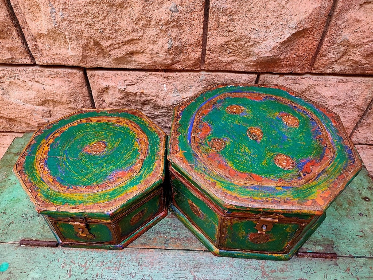 Vintage Wooden Storage Box Old Artistic Hand Painted Box Brass - Etsy