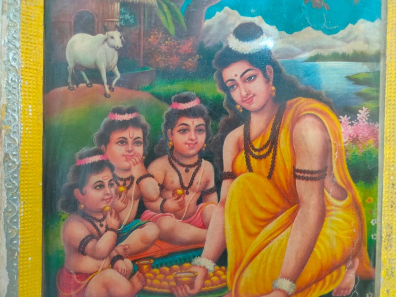 Antique Indian Hindu Goddess Sati Mata Litho Print Old Wooden Frame ...