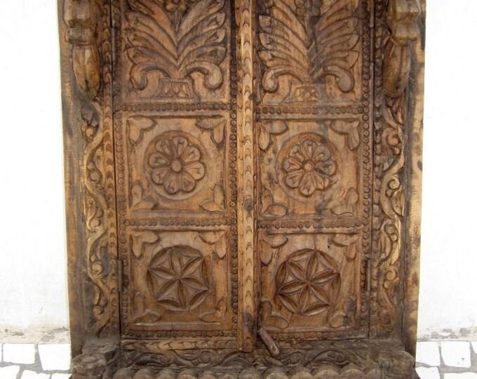 18c Antique Wood Hand Floral Carved Window Door Framed Wooden Lock ...