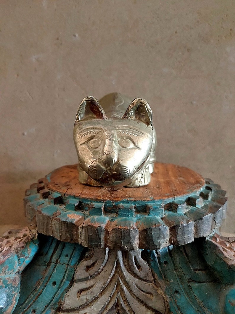 Unique Old Wooden Cat Statue Hand Carved Brass Work Sculpture - Etsy