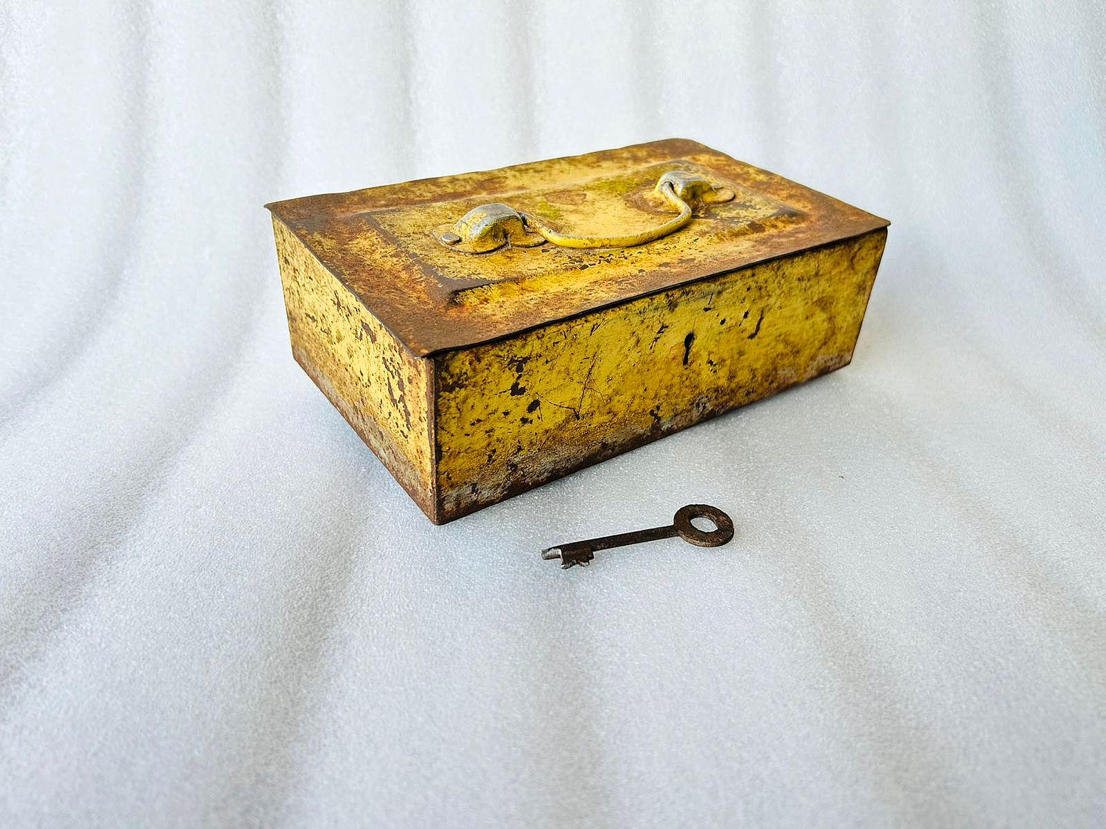 Antique Cast Iron Money Storage Box Old Iron Yellow Painted Lock System ...