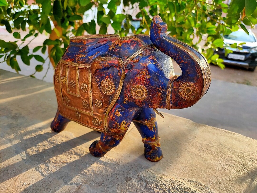 Antique Wooden Elephant Statue Hand Carved Copper Work Sculpture Old ...