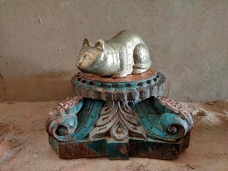 Unique Old Wooden Cat Statue Hand Carved Brass Work Sculpture - Etsy