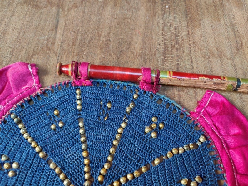 Old Beads Work Hand Fan Unique Thread Work Blue Hand Fan - Etsy