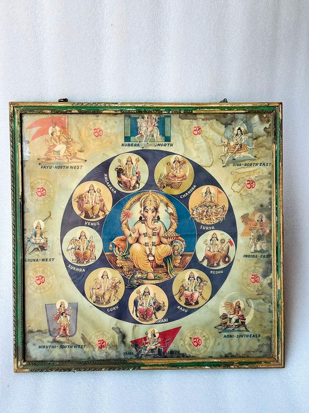 Antique Wooden Frame Religious Hindu God Ganesha Litho Print Old Indian ...