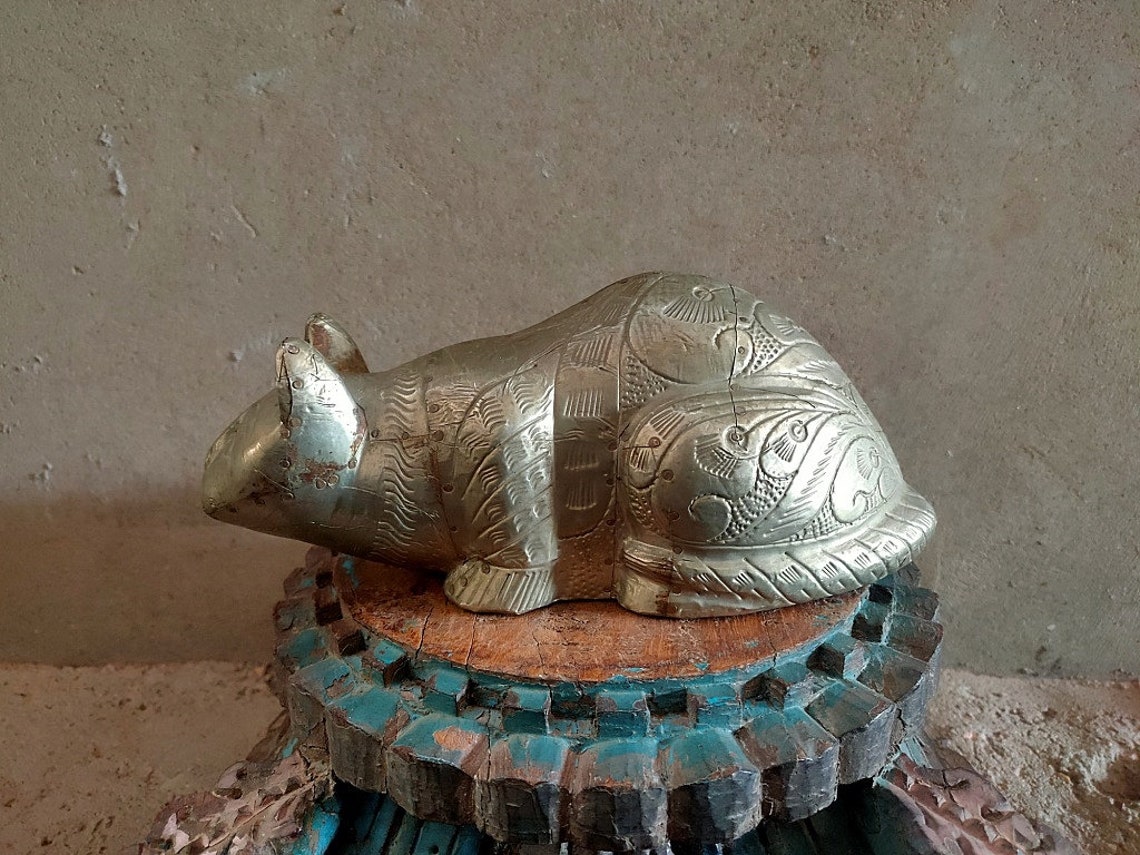 Unique Old Wooden Cat Statue Hand Carved Brass Work Sculpture - Etsy