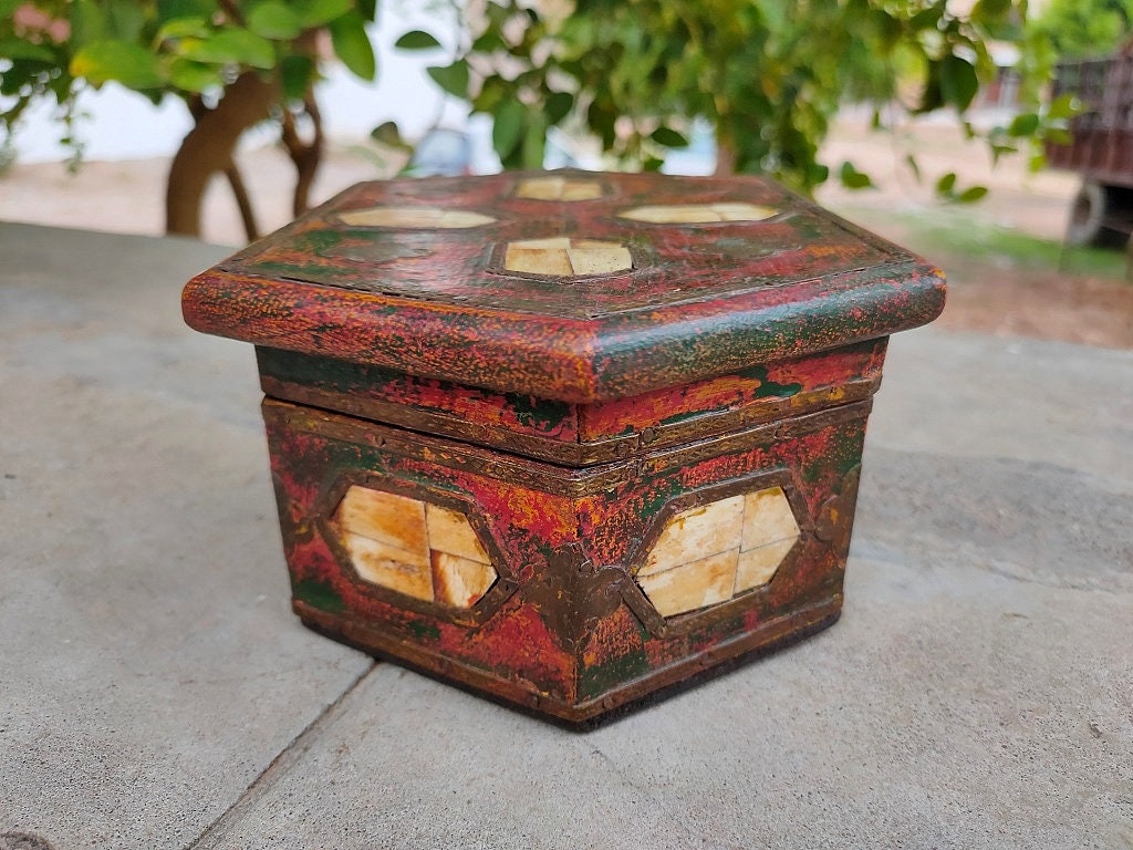 Antique Wooden Storage Box Old Artistic Hand Painted Box Brass - Etsy