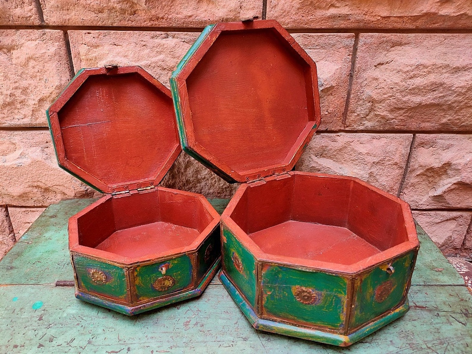 Vintage Wooden Storage Box Old Artistic Hand Painted Box Brass - Etsy