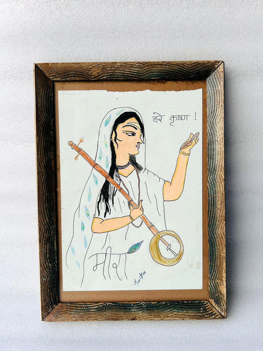 Old Wooden Frame Hindu God Krishna Dashi Meera Color Sketch Painting ...