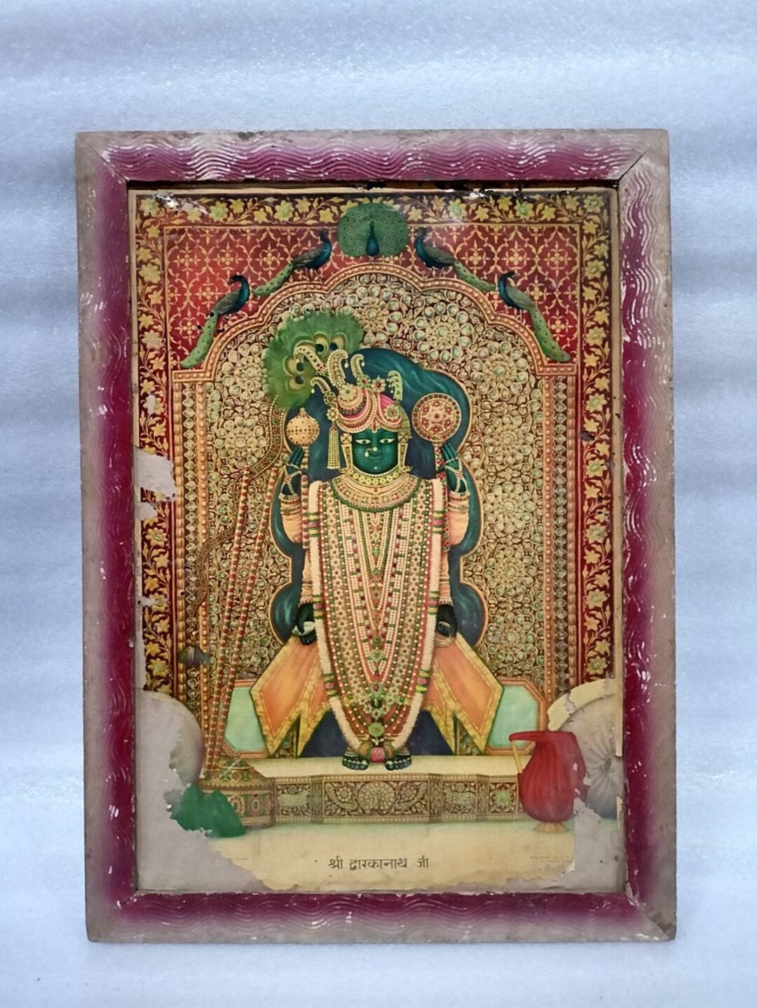 Antique Old Hindu God Krishna Avatar Shrinath Ji Litho Print Old Wood ...