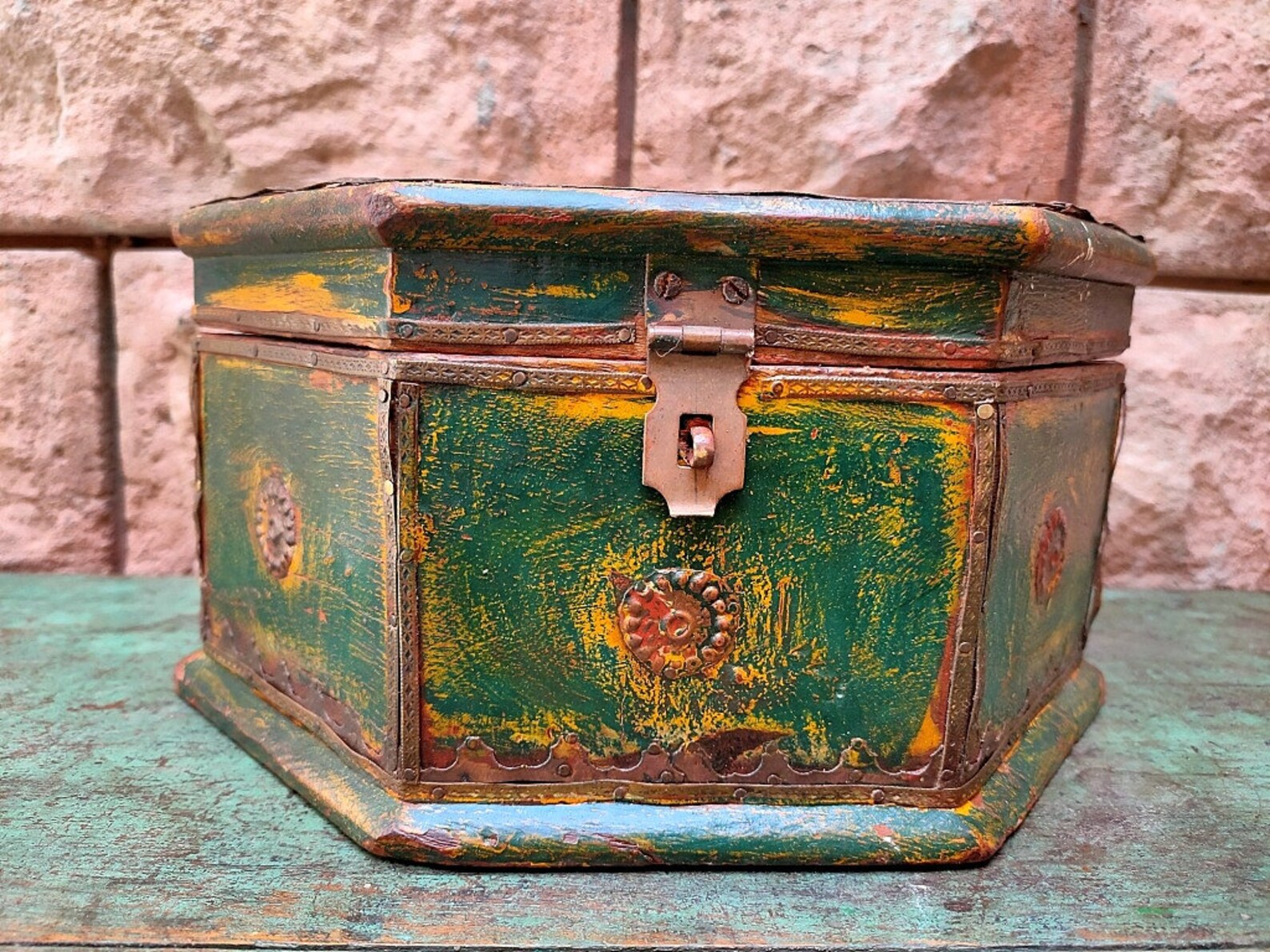 Antique Wooden Storage Box Old Artistic Hand Painted Box Brass Floral ...