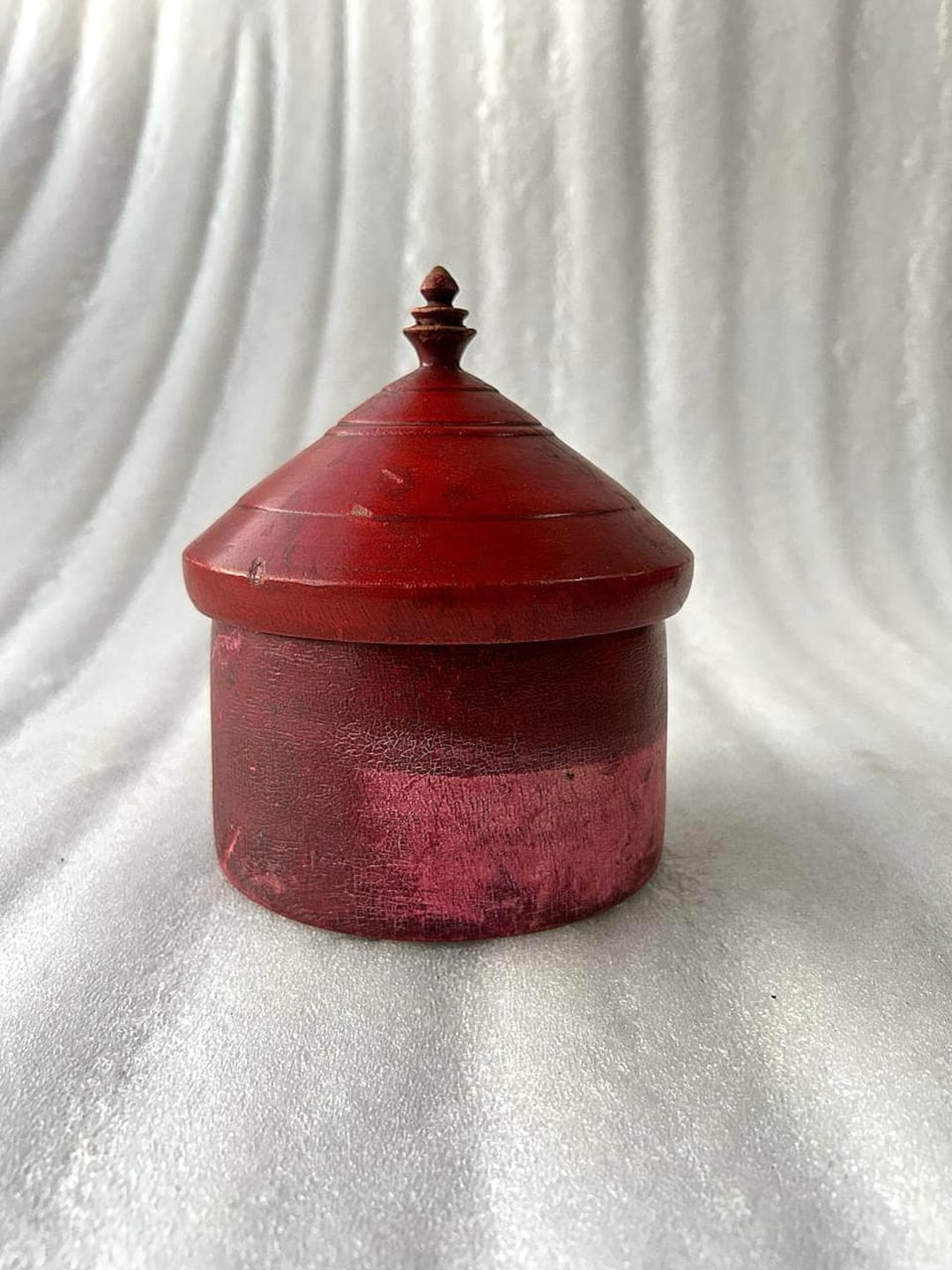 Antique Wooden Red Lacquer Tikka Box Old Hand Carved Holy Temple Kumkum ...