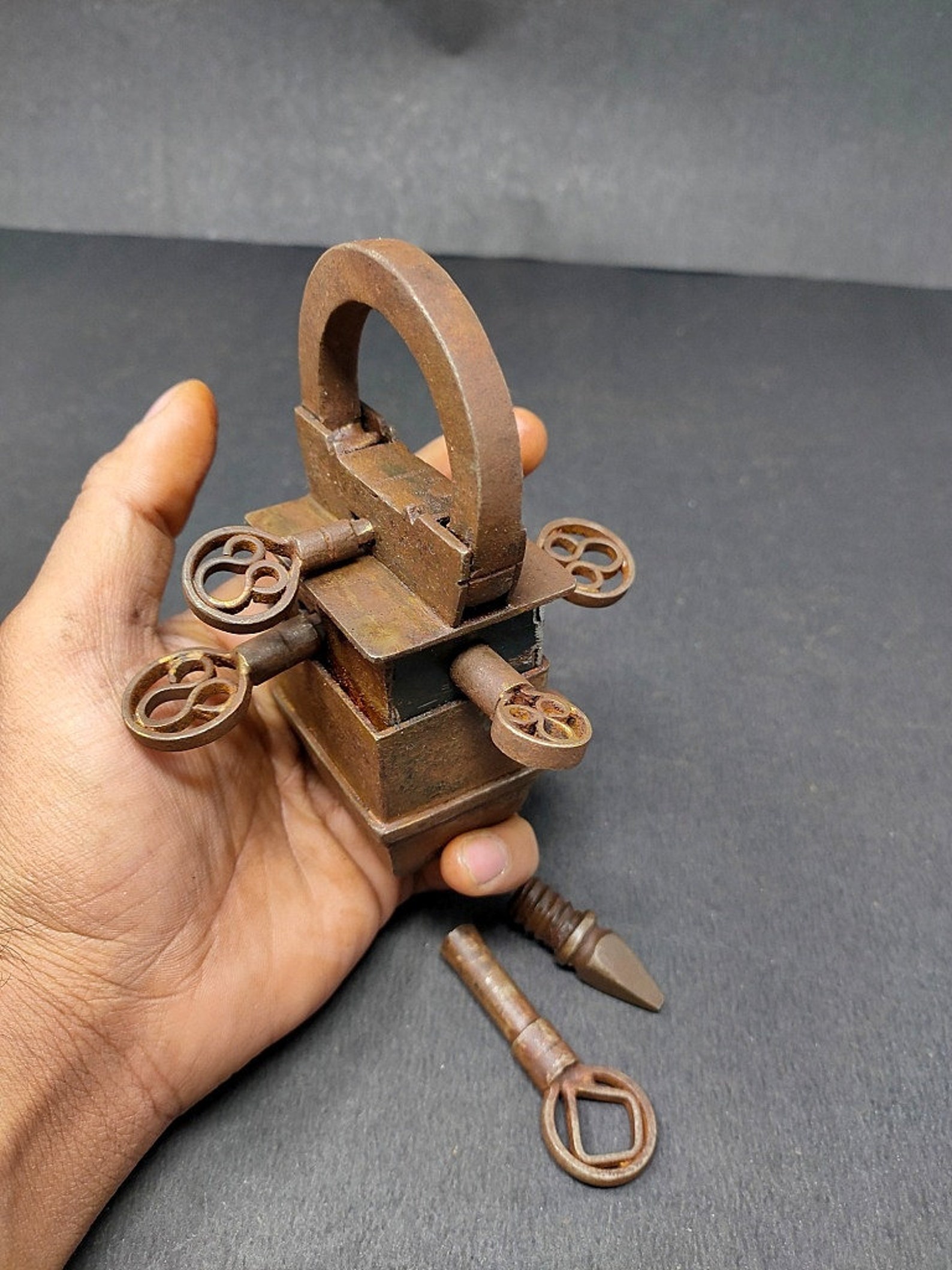 Antique Look Iron 5 Key Tricky Lock Hidden Key Hole Puzzle Padlock Hand ...