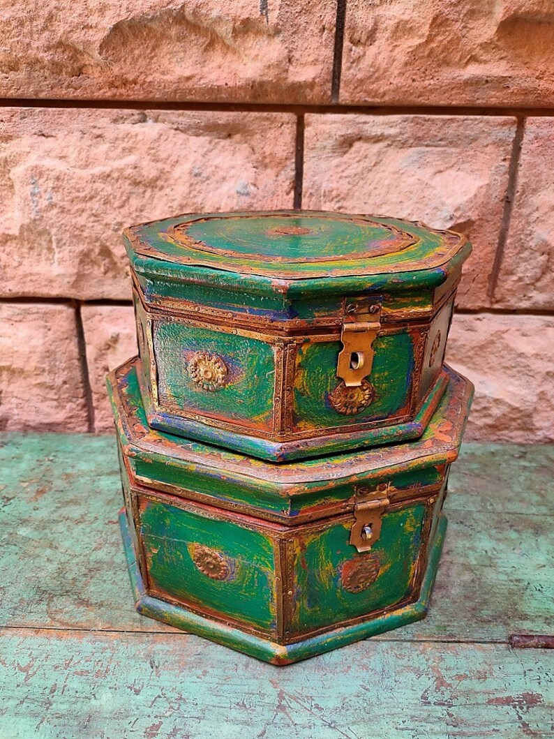 Vintage Wooden Storage Box Old Artistic Hand Painted Box Brass - Etsy