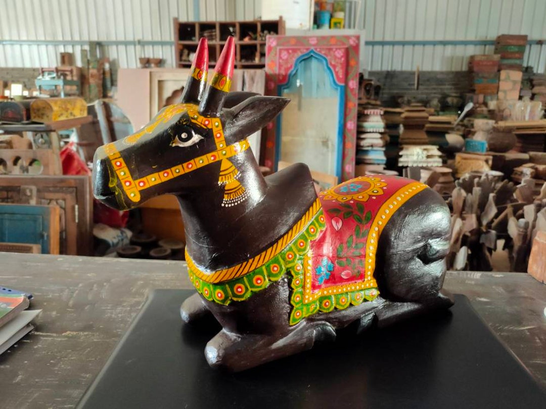 Hand Painted Wooden Nandi Statue Hand Made Painted Cow Statuette ...