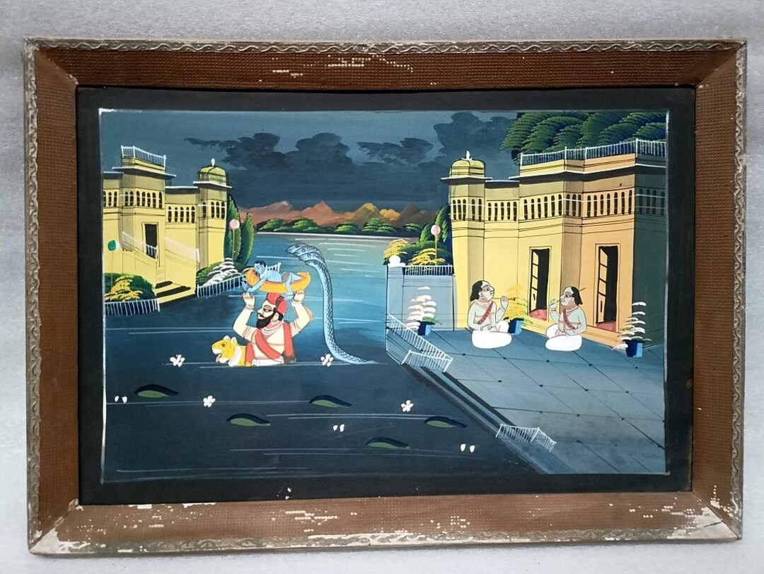 Antique Old Born God Krishna & Vasudev Beautiful Fine Painting Vintage ...