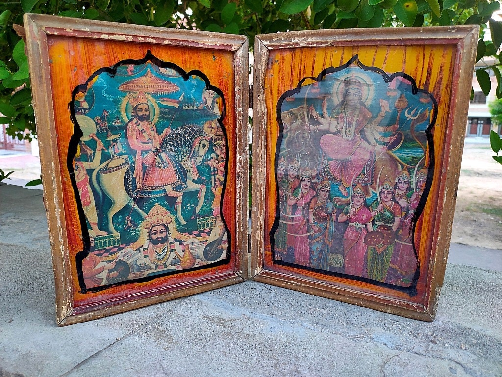 Antique Hindu Goddess Ambe Litho Print Old Navdurga Litho Print Antique ...