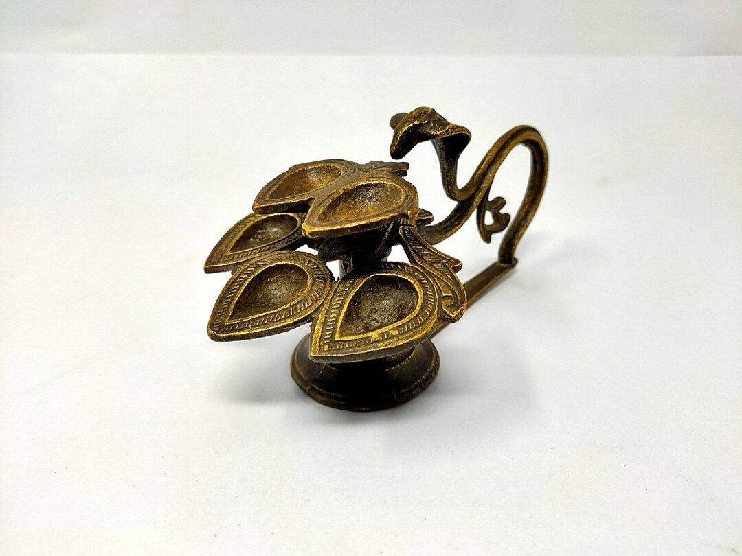 Ancient Brass Temple Worship Oil Lamp Diya Deepak Antique 5 Flame Puja ...