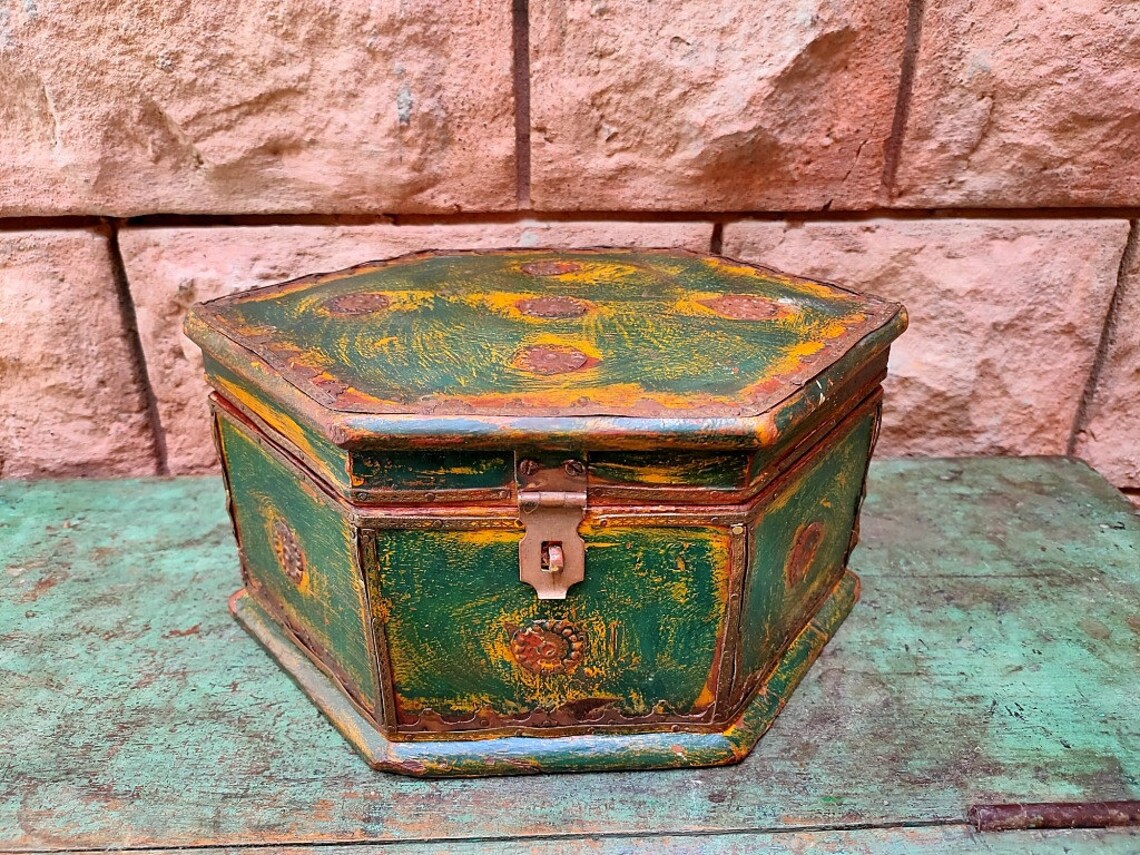 Antique Wooden Storage Box Old Artistic Hand Painted Box Brass Floral ...