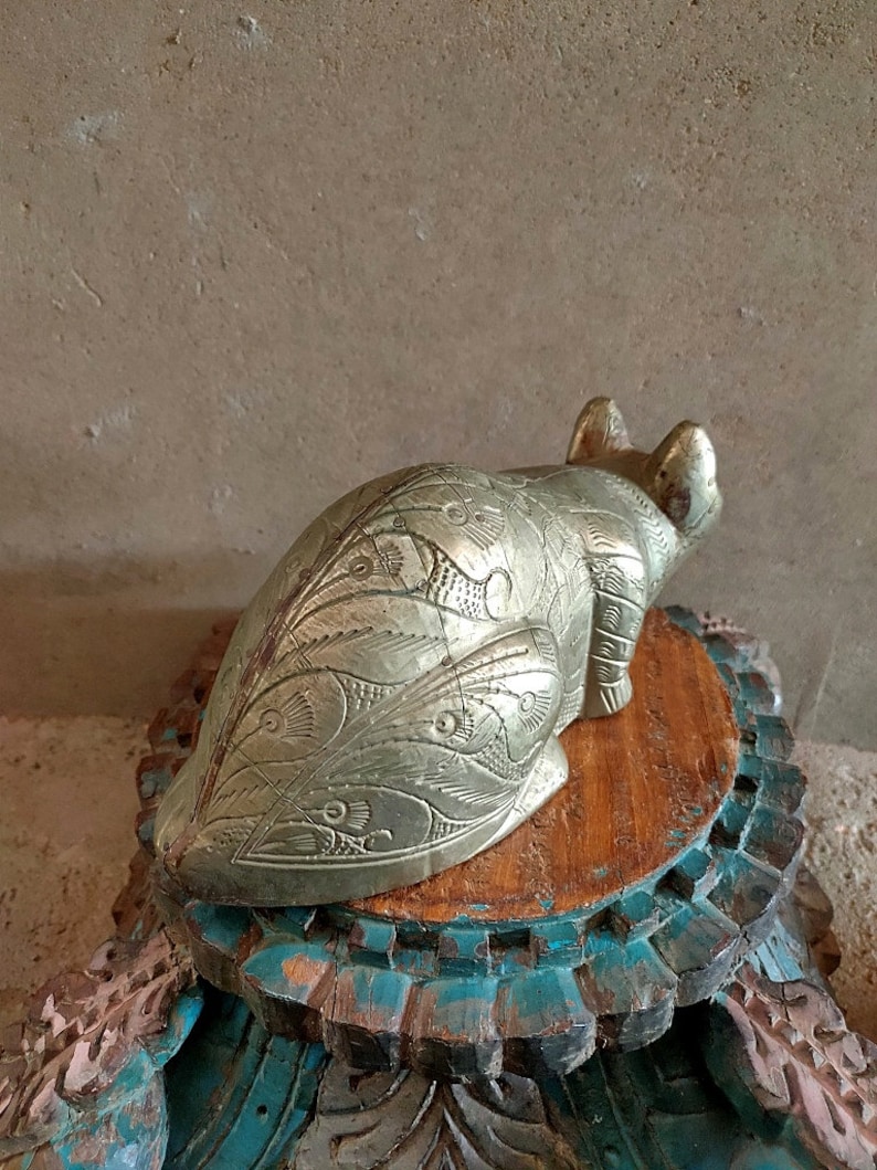 Unique Old Wooden Cat Statue Hand Carved Brass Work Sculpture - Etsy
