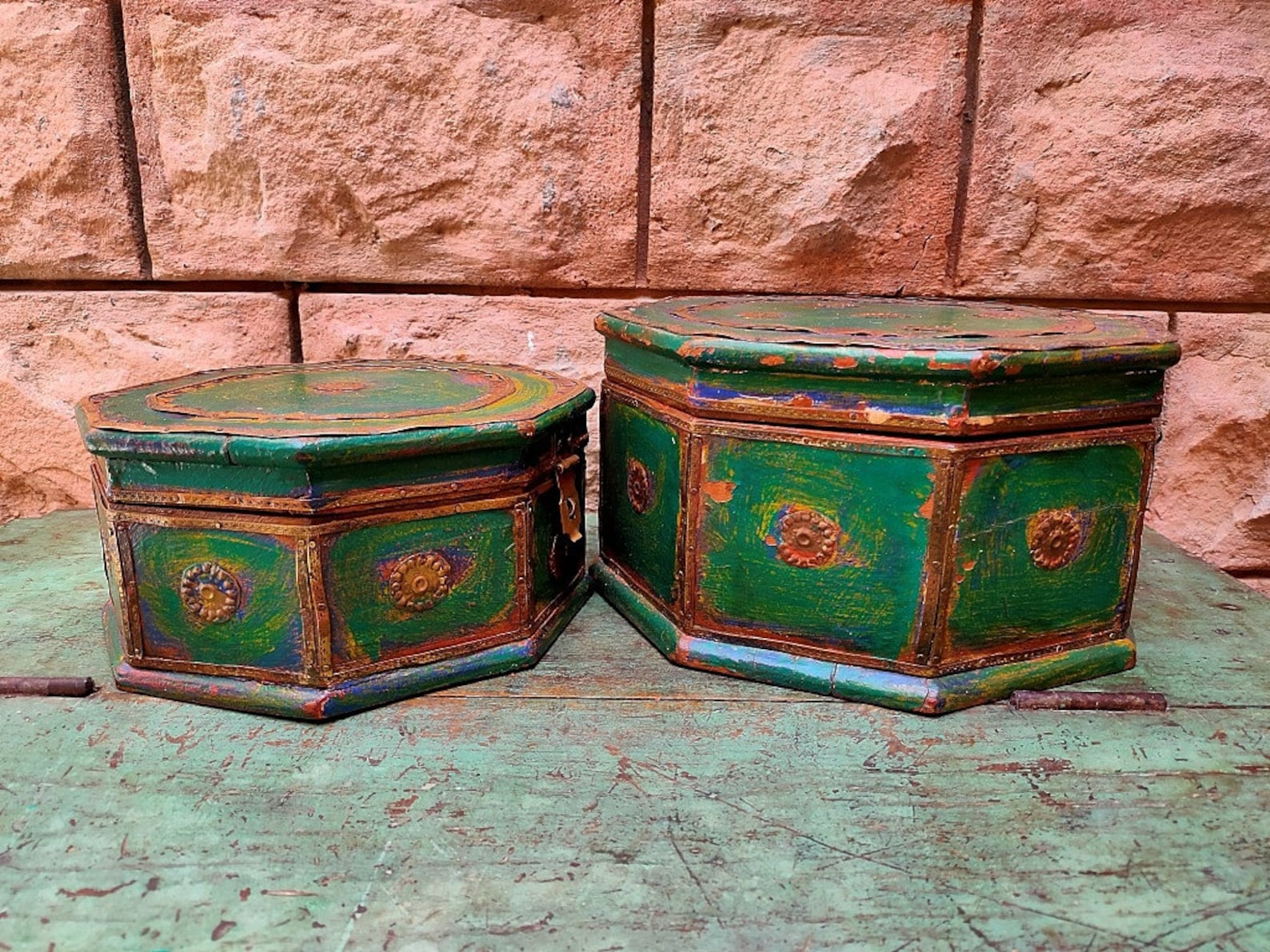 Vintage Wooden Storage Box Old Artistic Hand Painted Box Brass - Etsy