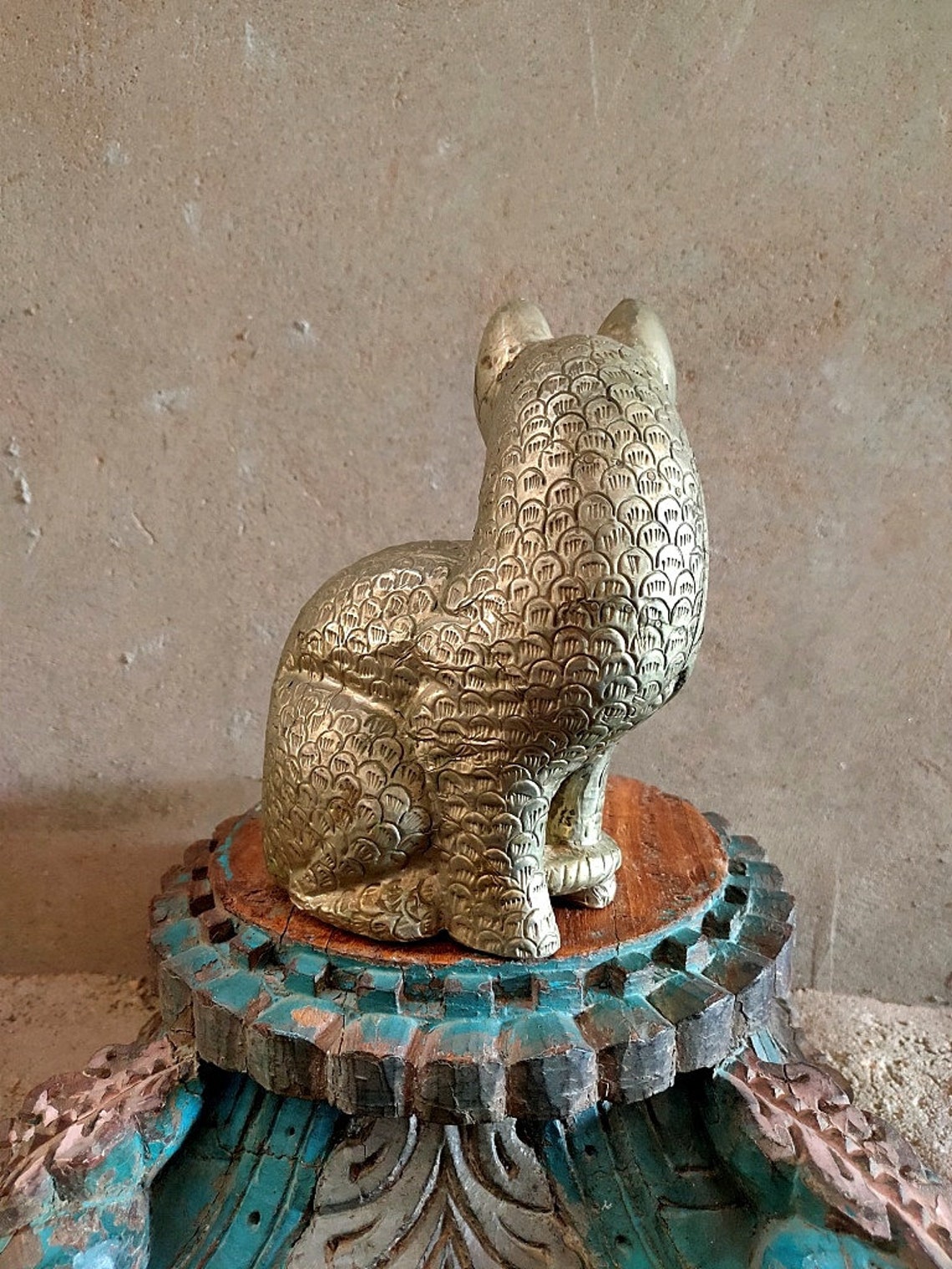 Vintage Wooden Cat Statue Hand Carved Brass Work Sculpture Old - Etsy