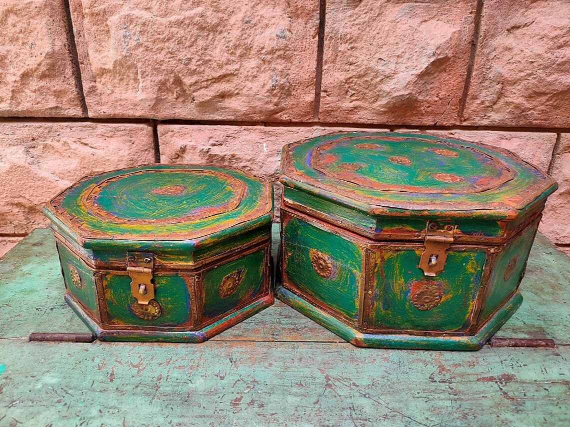 Vintage Wooden Storage Box Old Artistic Hand Painted Box Brass - Etsy