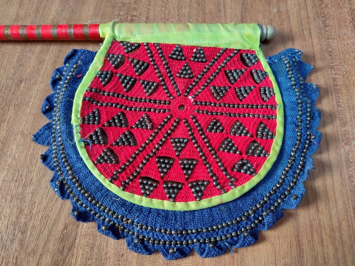 Vintage Beads Work Hand Fan Old Unique Thread Work Hand Hold Fan Ethnic ...