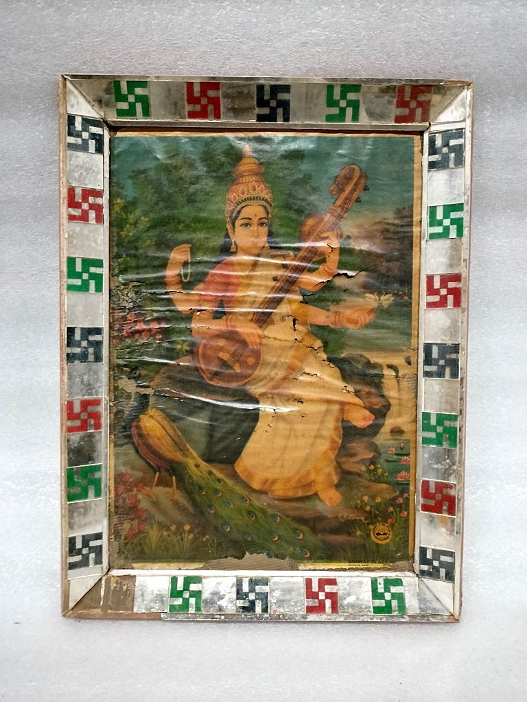 Antique Indian Goddess Saraswati Mata Print Old Unique Wooden Frame ...