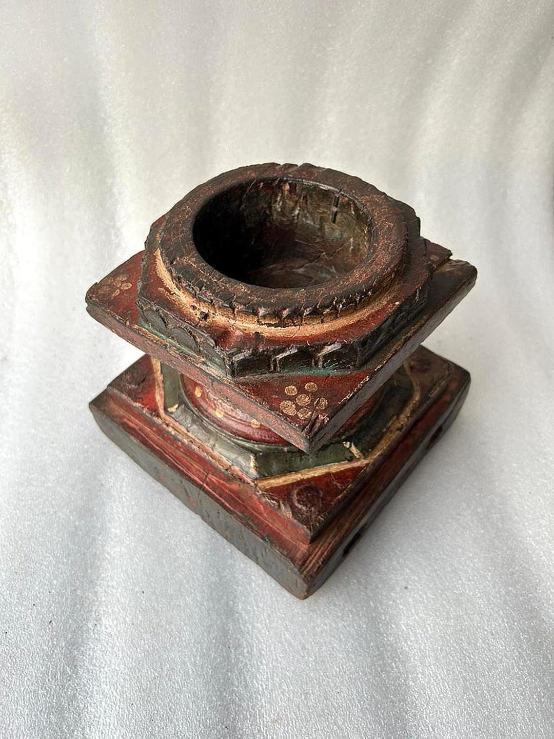 Antique Wooden Hand Carved Candle Holder Old Big Wooden Hand Painted ...