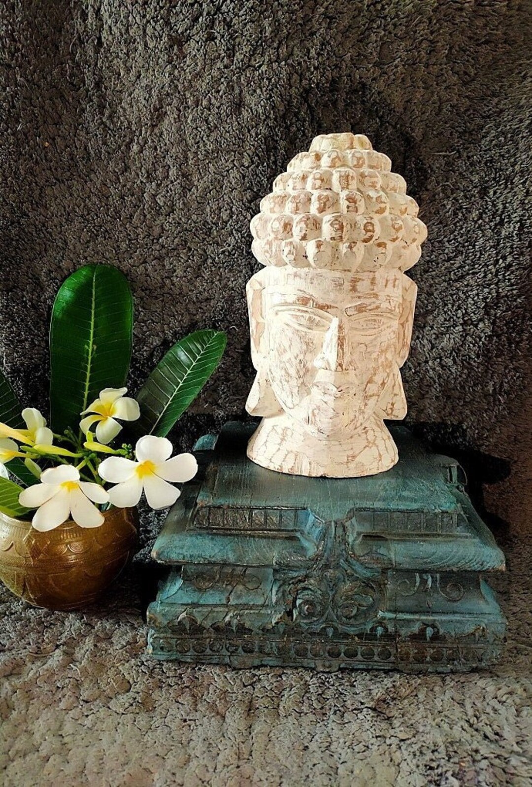 Indian Wooden Buddha Face Statue Sculpture Hand Painted White - Etsy