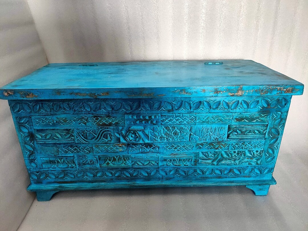 Indian Wooden Hand Carved Trunk Box Wooden Blue Distress Hand - Etsy