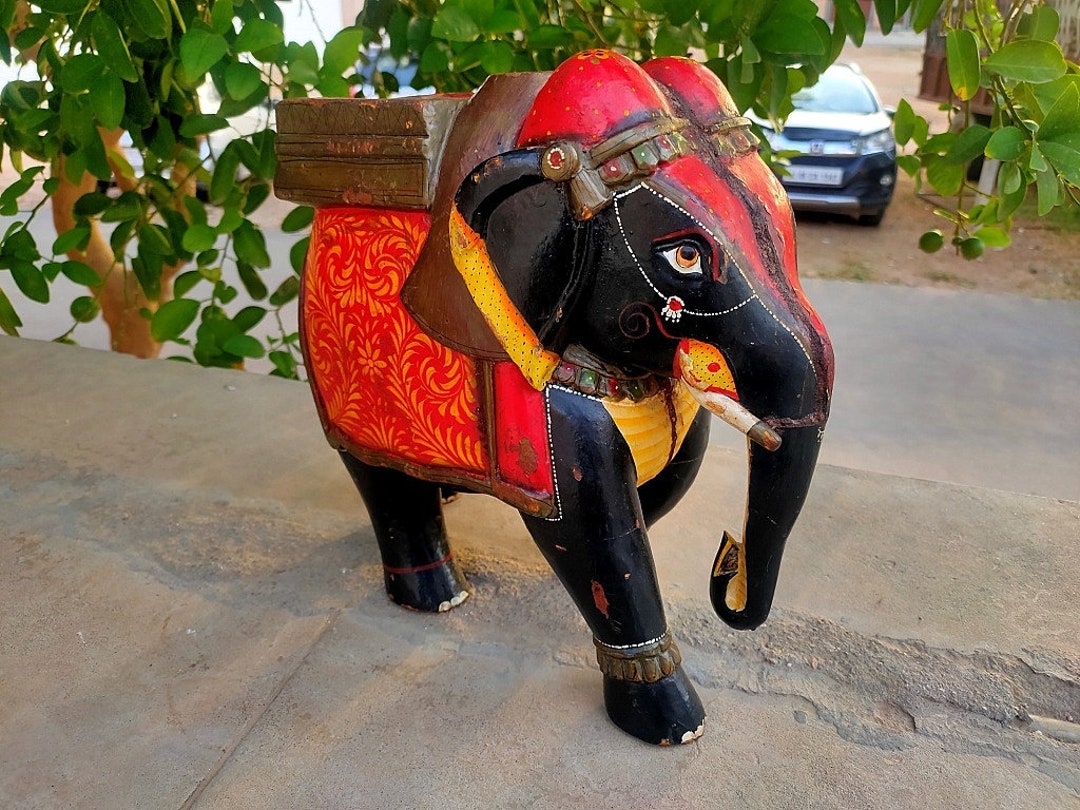 Vintage Wooden Elephant Statue Old Hand Painted Elephant Figure Indian ...