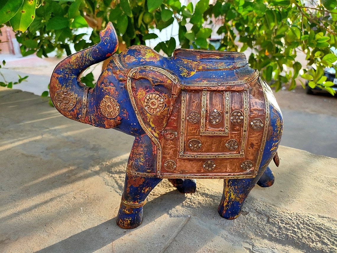 Antique Wooden Elephant Statue Hand Carved Copper Work | Etsy
