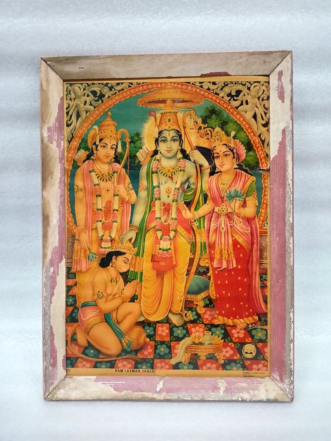 Antique Rare Hindu God Shri Ram Sita Maa Laxman Hanumanji Worship Litho ...