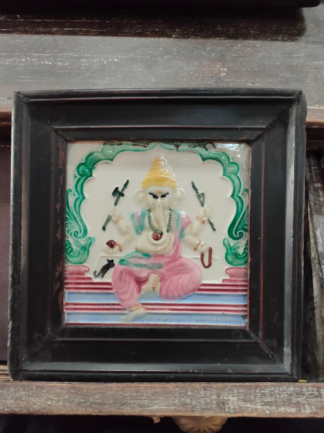 Antique Hindu God Ganesha Hanging Tile Framed Old Beautiful Embossed ...