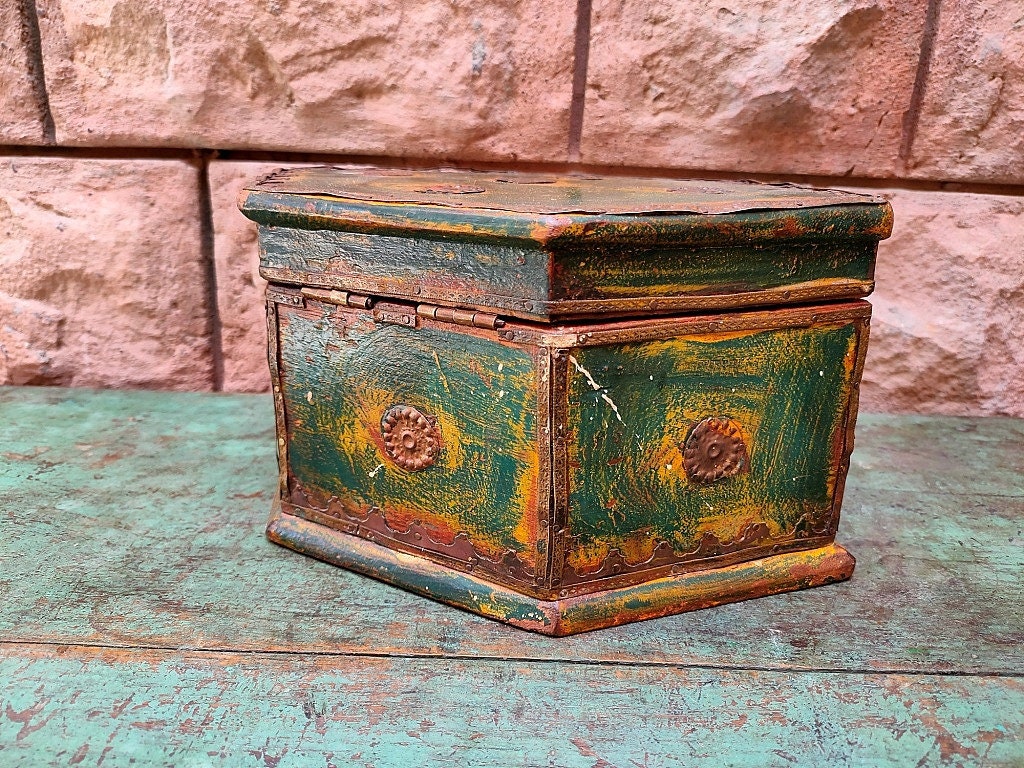 Antique Wooden Storage Box Old Artistic Hand Painted Box Brass Floral ...