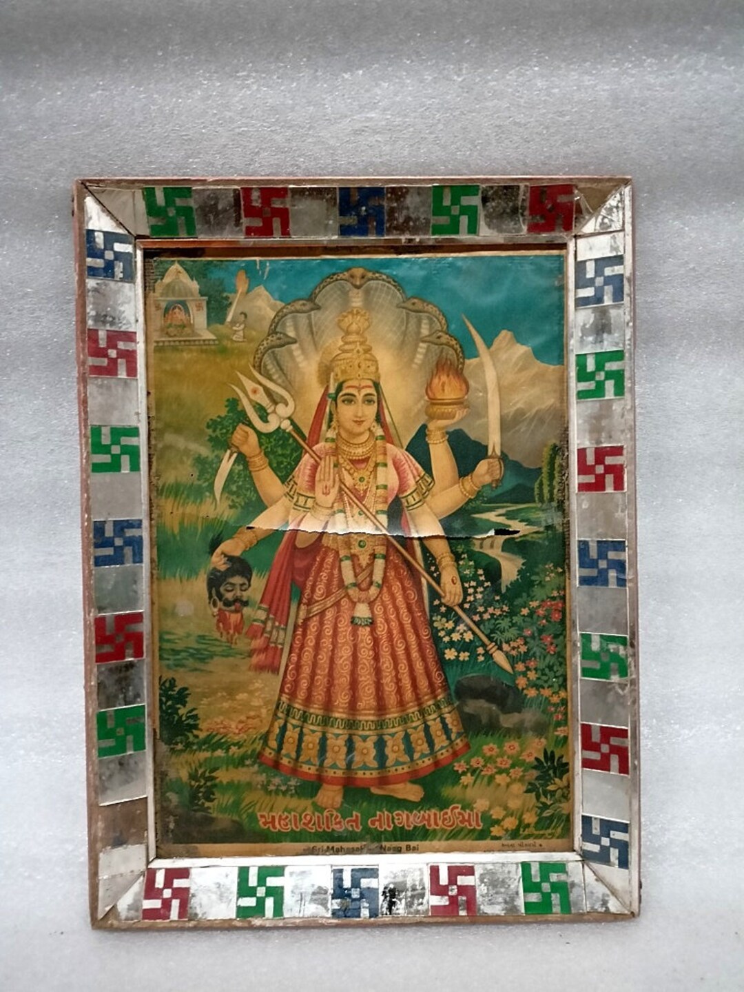Antique Hindu Goddess Nagbai Mata Print Old Unique Wooden Frame Wall ...