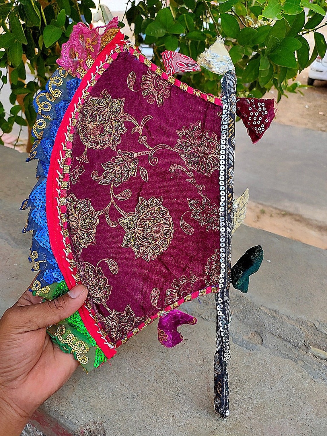 Antique Hand Fan Printed Cloth Old Flower Work Ethnic Thread - Etsy